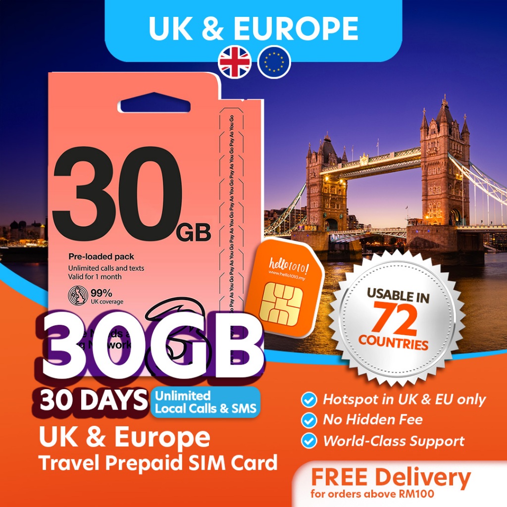 Hello1010 UK & Europe 72 Countries Three Travel Prepaid Plan 30GB (12GB ...