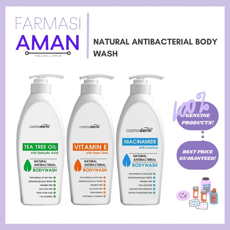 Cosmoderm Natural Antibacterial Body Wash 500ml (Tea Tree Oil / Vitamin ...