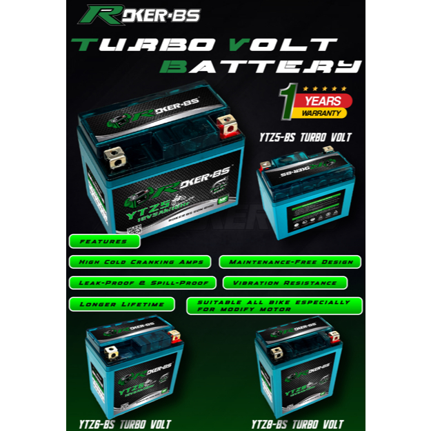 ROKER BATTERY TURBO VOLT YTZ5-BS / YTZ6-BS / YTZ8-BS LC135 NEW / Y15 ...