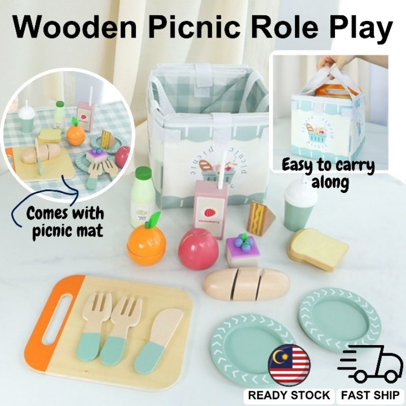 Wooden Picnic Role Play Set for Kids with Easy Storage Bag Wooden Toy ...