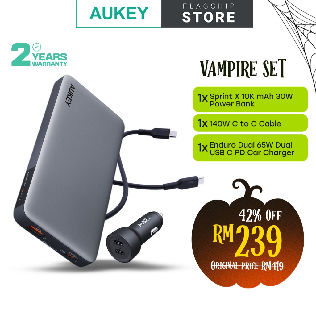[Halloween Vampire Set] Aukey 30W 10K mAh PD Power Bank + 30W Dual Port ...