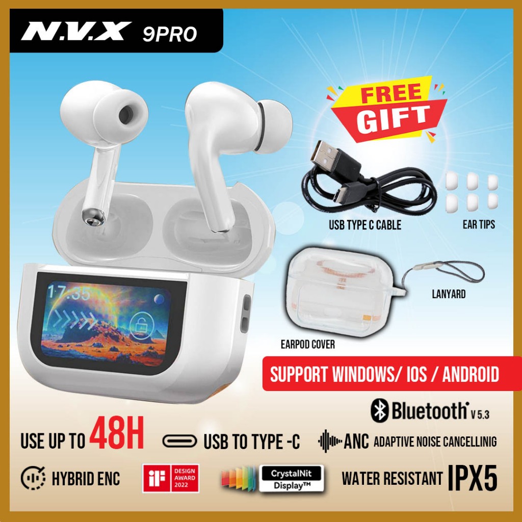 𝗡.𝗩.𝗫 9𝗣𝗥𝗢 ANC Bluetooth Smart Screen Wireless Earbud Earphone ear fone ...