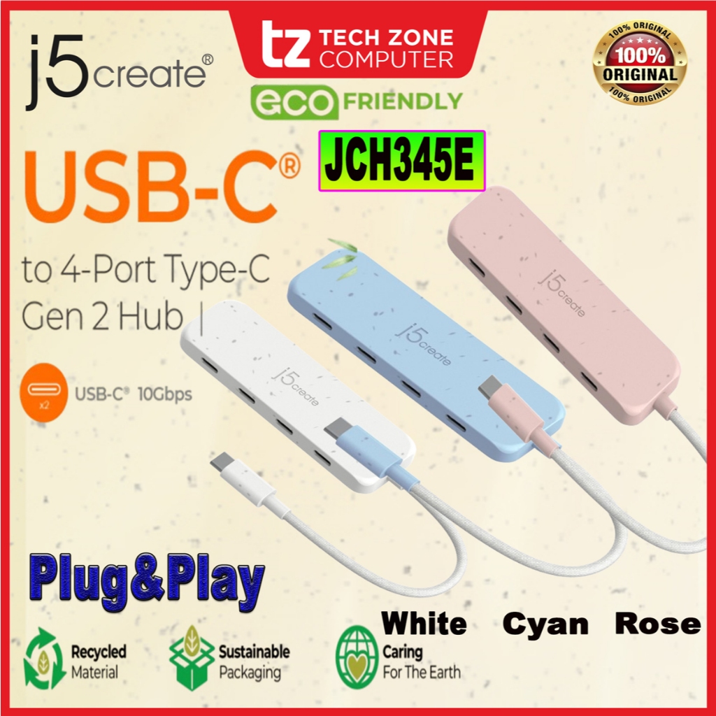 J5CREATE Eco-Friendly USB-C to 4-Port Type-C Gen 2 Hub(JCH345EW ...