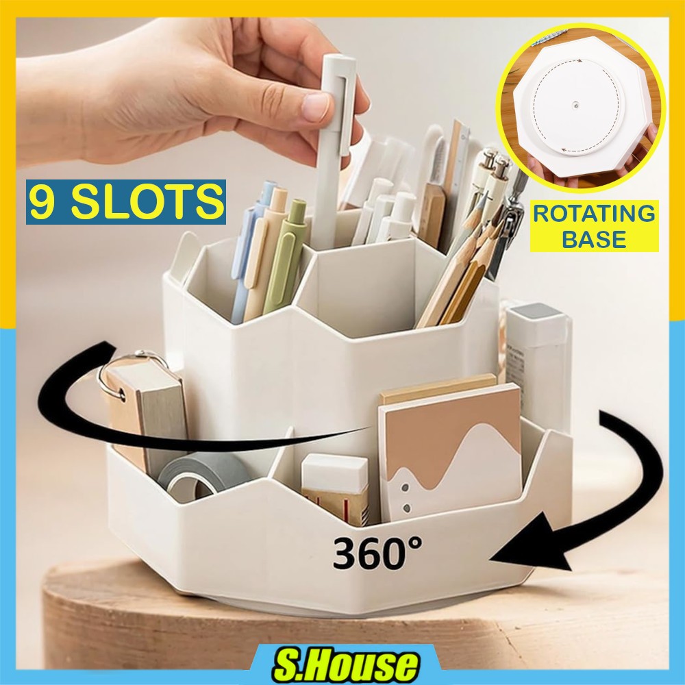 Rotate Pen Holder 9 Slot Desk Organizer 360° Spin Swivel Stationery ...