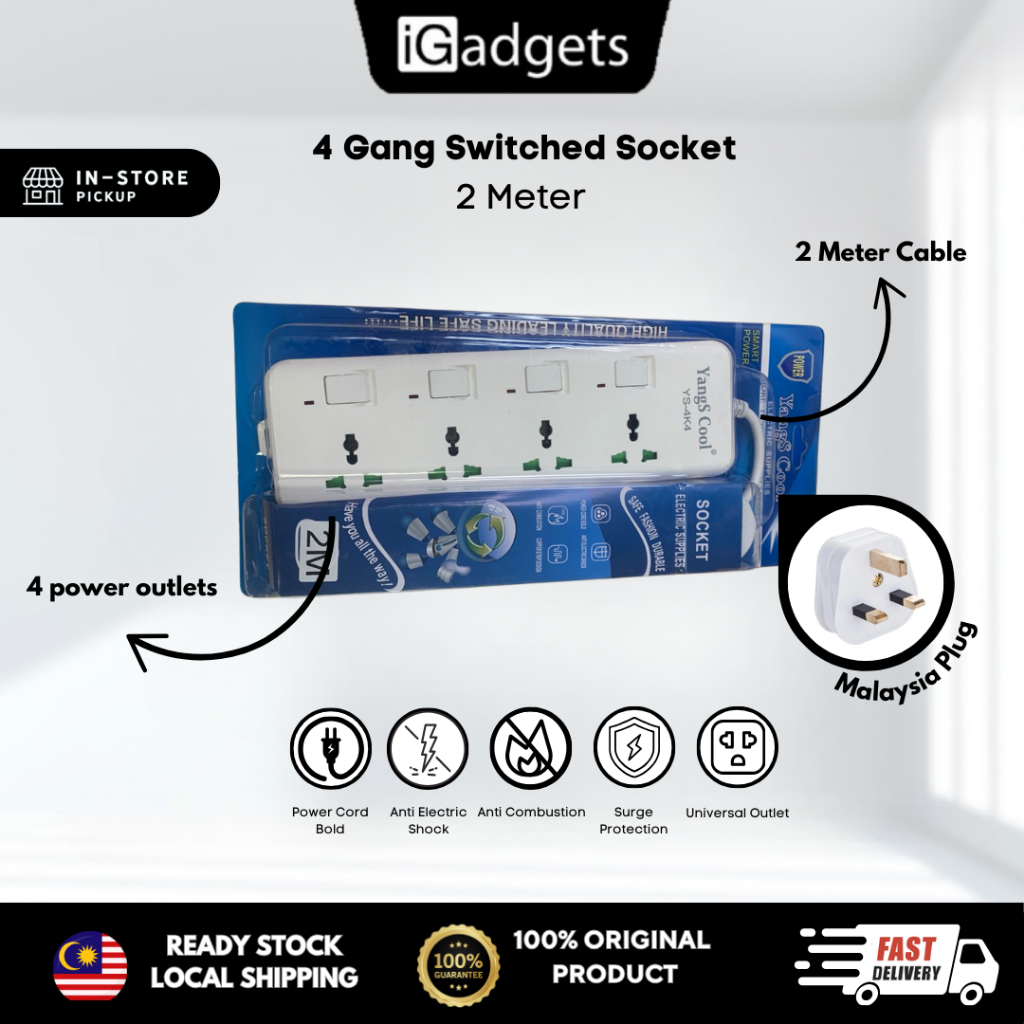 4 Universal Sockets Surge Protection Extension Socket (2M) | Shopee ...