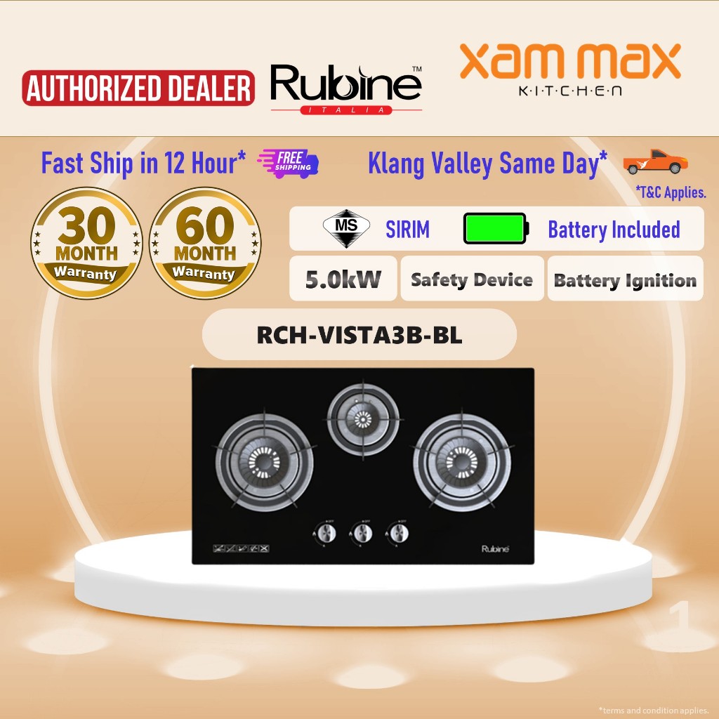 XAMMAX Rubine RGH-VISTA3B-BL Built-In GasHob 3 Burner 5.0kW |Built-in ...