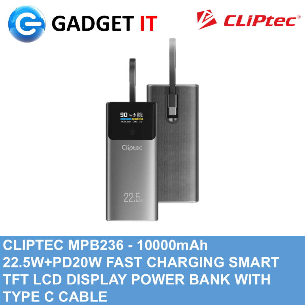 CLIPTEC MPB236 - 10000mAh 22.5W+PD20W FAST CHARGING SMART TFT LCD ...