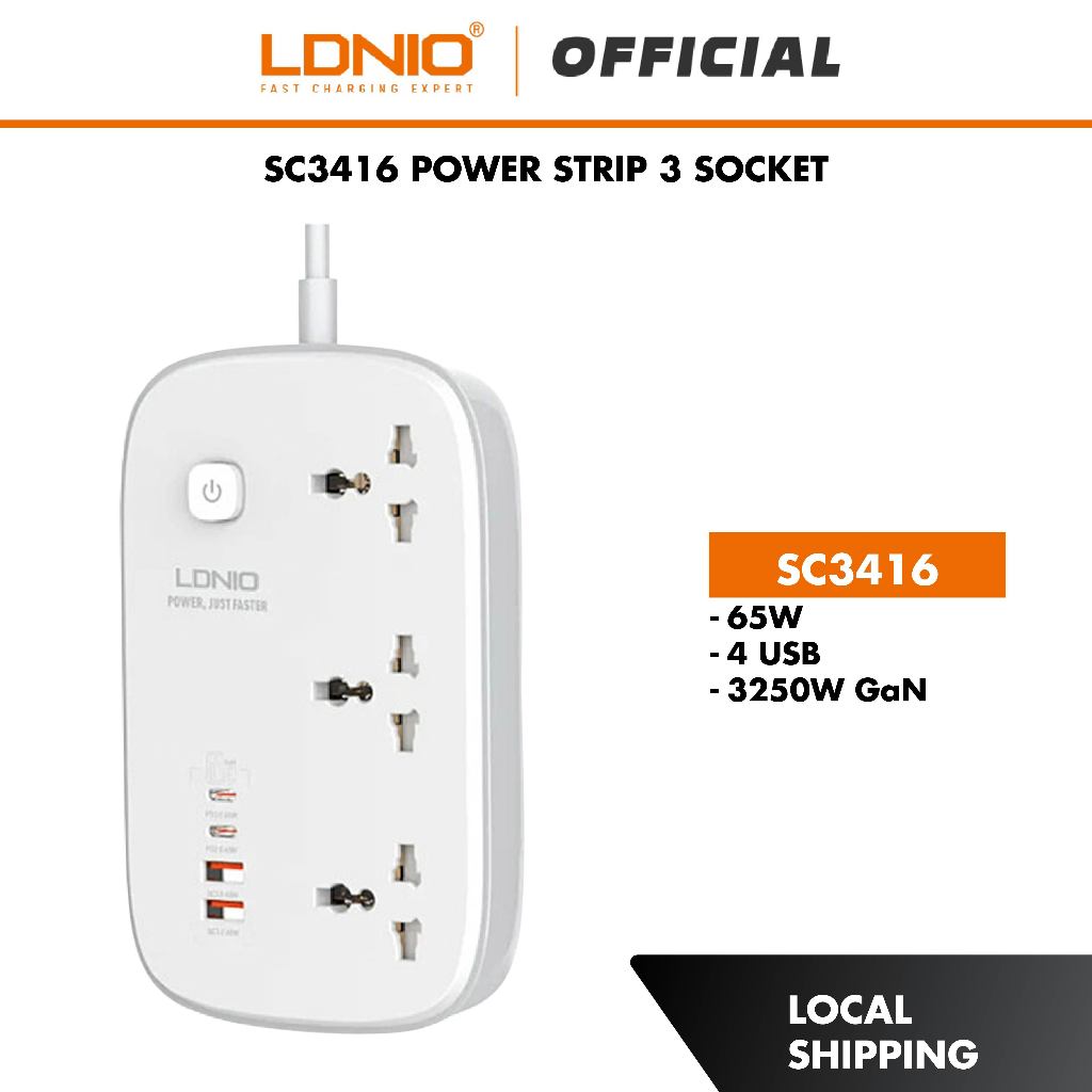 Ldnio Power Strip 3 Socket SC3416 3250W GaN Charger 65W 4usb | Shopee ...