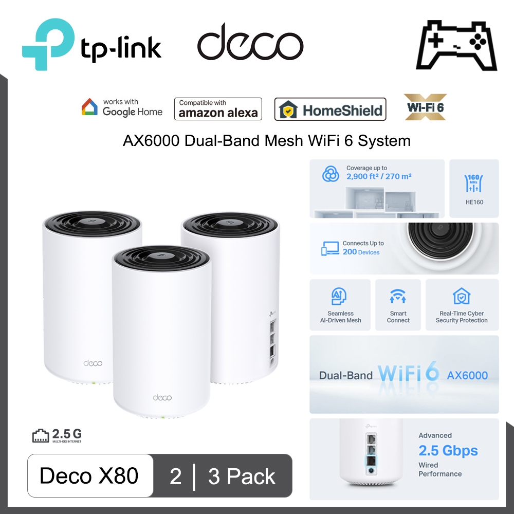 TP-Link Deco X80 AX6000 Whole Home AI-Driven Dual-Band Mesh WiFi 6 System with Homeshield 2 ...
