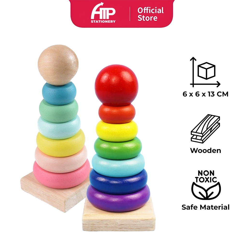 Coloful Rainbow Macaron Tower Ring Wooden Building Blocks Kids ...