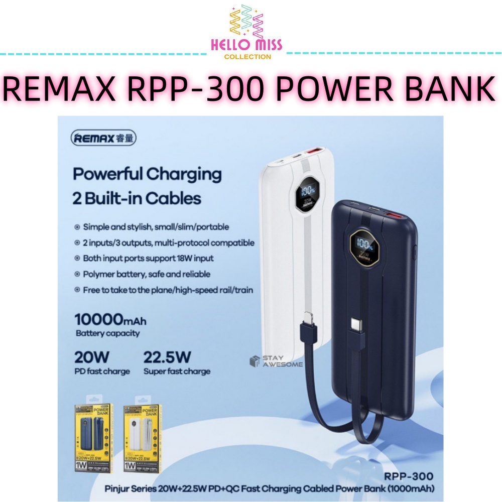 REMAX RPP-300 PINJUR SERIES 10000mAh PD20W + QC22.5W BUILD IN CABLE ...