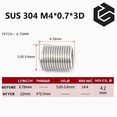 HeliCoil Threaded / Insert Recoil Thread Stainless Steel 304 M4*0.7*3D ...