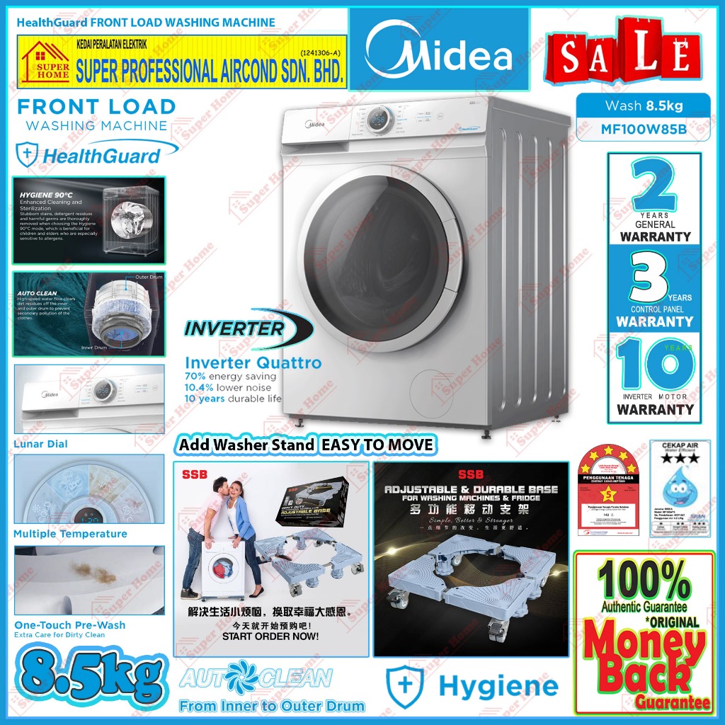Midea Washer Machine MF100W85B 8.5kg Front Load Washer Machine Inverter ...