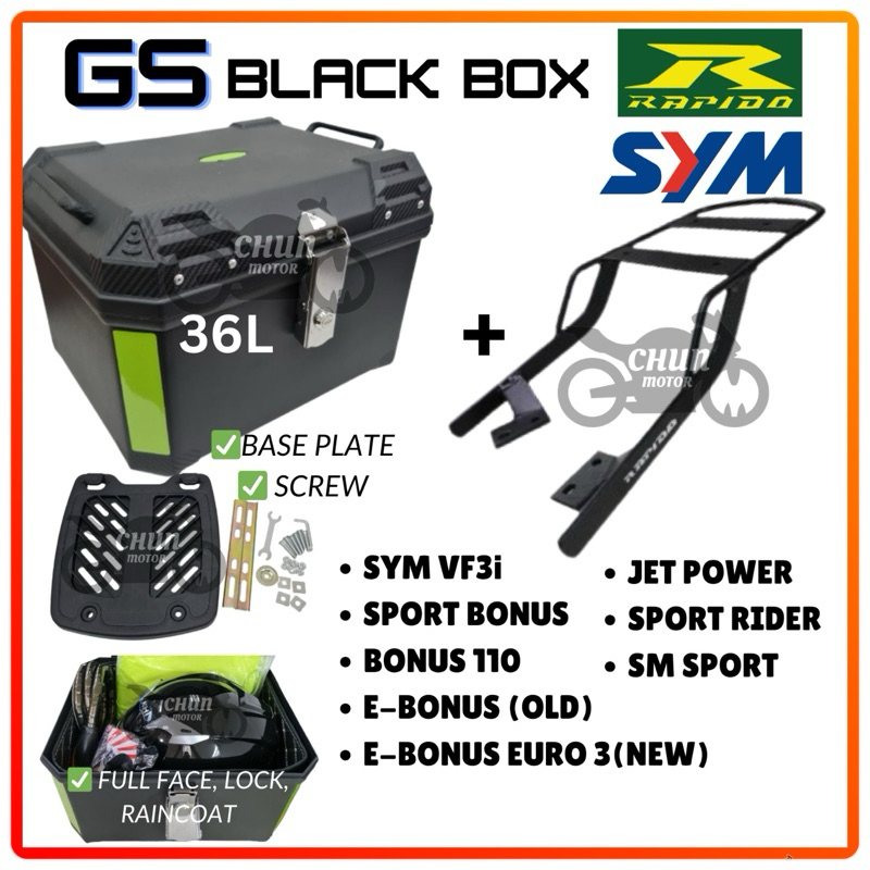 SYM GS BLACK BOX 36L + MONORACK 1SET MOTORCYCLE SYM VF3i Bonus110 E-BONUS EURO3 JET POWER/SPORT ...