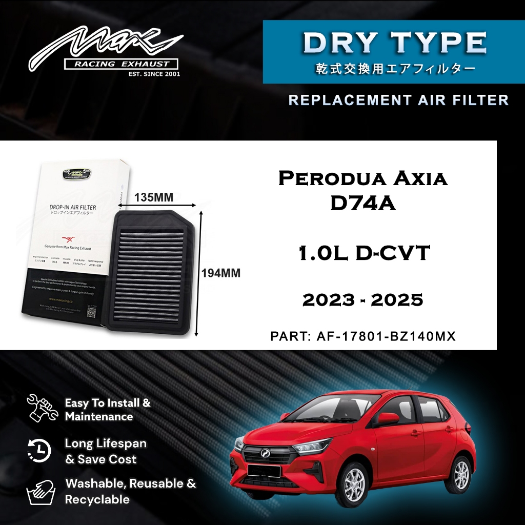 Perodua Axia D74A 1.0L D-CVT 2023 to 2026 17801-BZ140MX Max Racing ...
