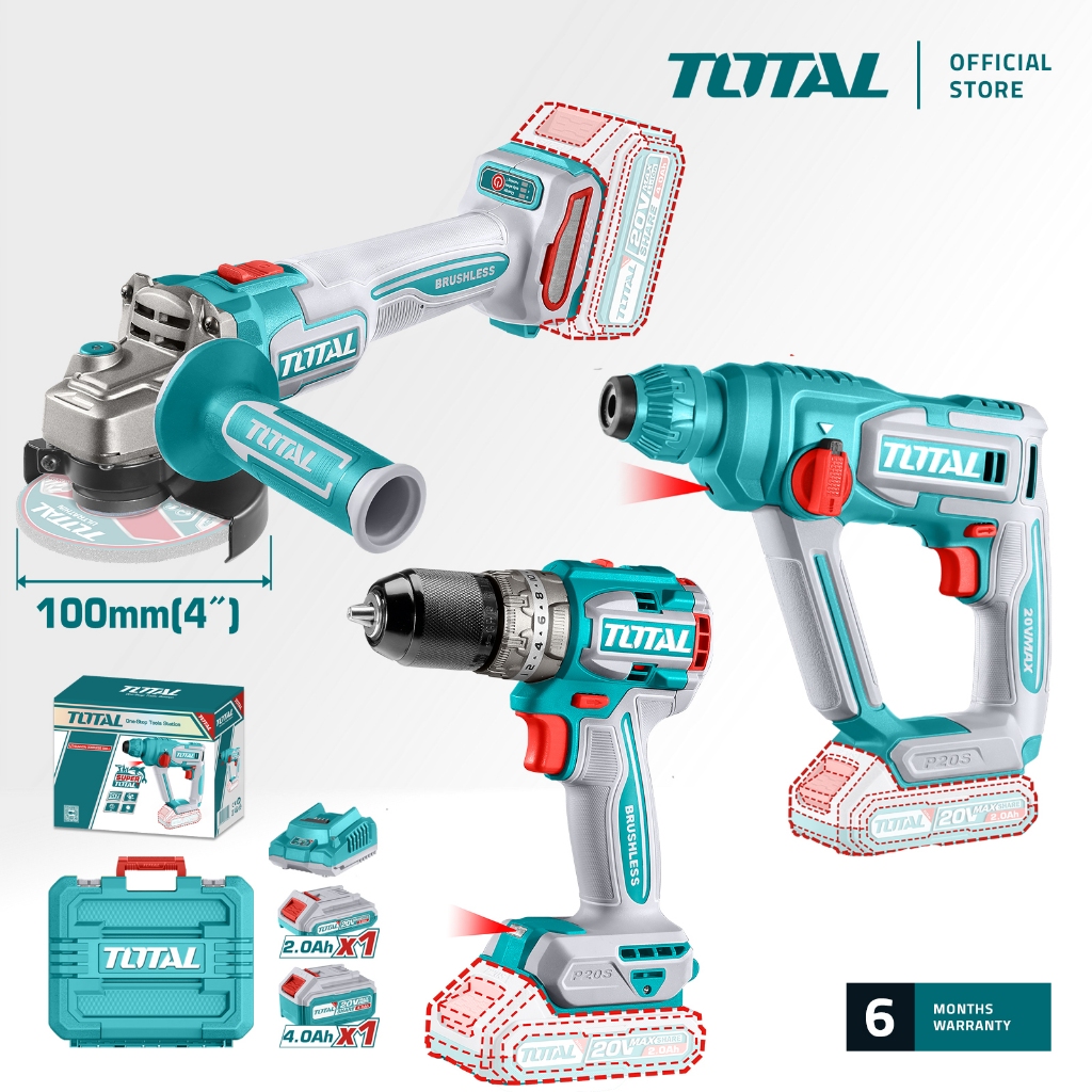 TOTAL Li-ion Combo Kit (3 Pcs, Brushless) Impact Drill + Angle Grinder ...