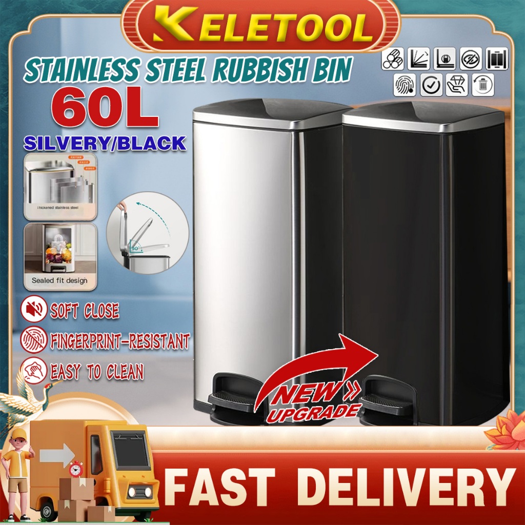 dustbin kitchen 60L stainless steel dustbin tong sampah besar kitchen ...