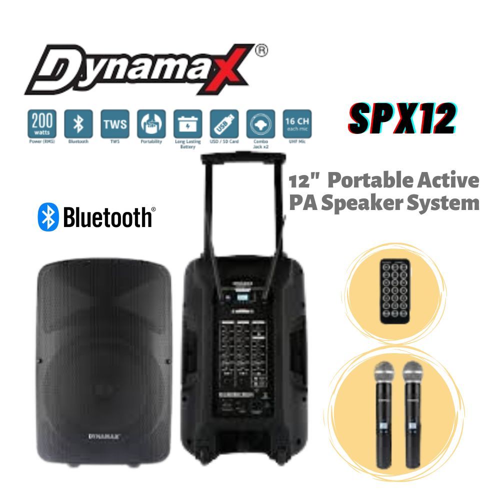 DYNAMAX SPX12 12" 200W Professional Rechargeable Battery Active Portable PA Speaker ( SPX 12 SPX ...