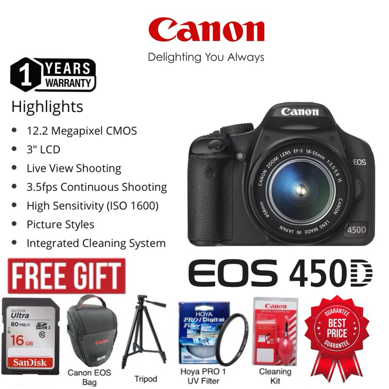 Canon EOS 450D 18-55mm IS kit lens original full combo packages free ...
