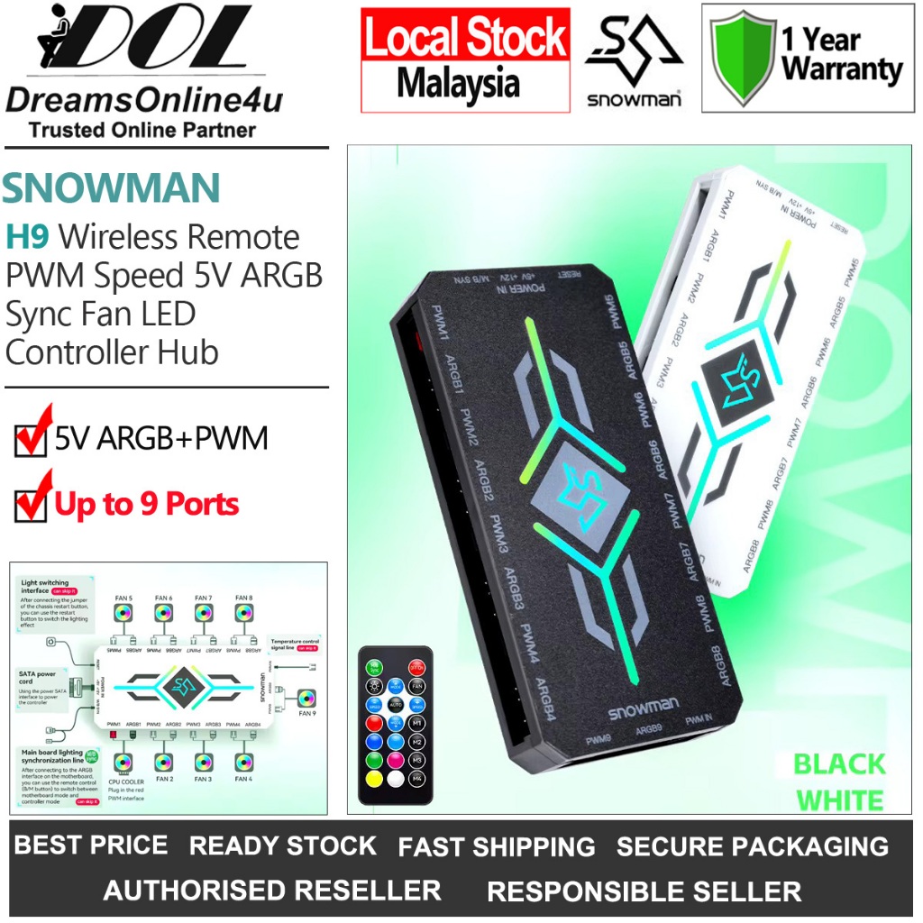 SNOWMAN H9 5V ARGB PWM Sync 9-Ports Controller Hub for RGB Fan LED ...