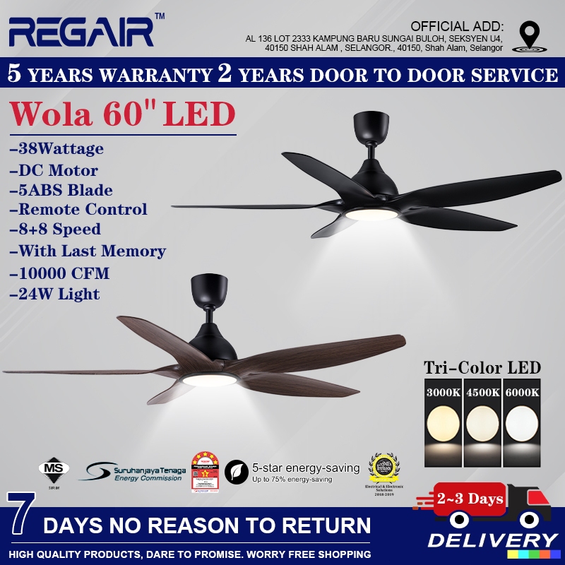 REGAIR Wola 60 inches DC Ceiling fan with light Remote Control 5 ABS ...