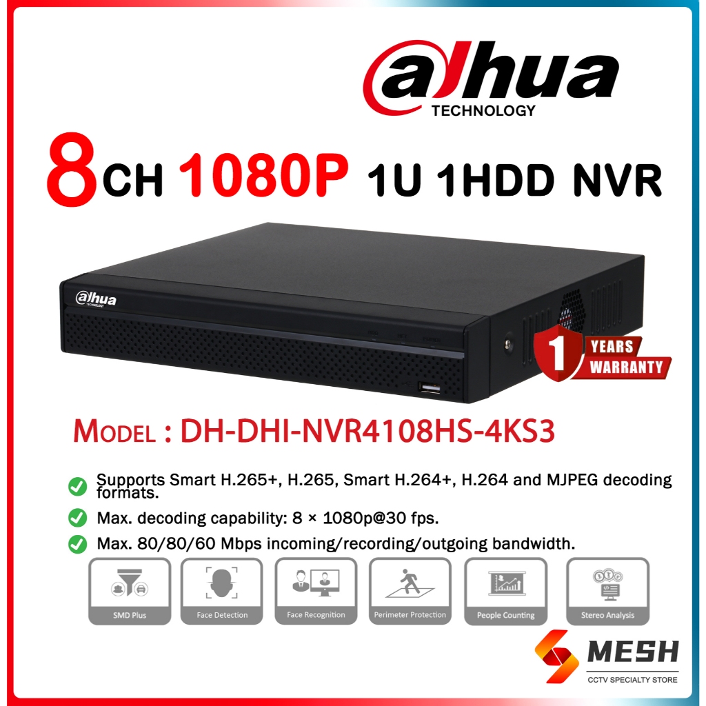 DAHUA 8CH / 8 CHANNEL NVR4108HS-4KS3 COMPACT 1U 4K LITE NVR NETWORK ...