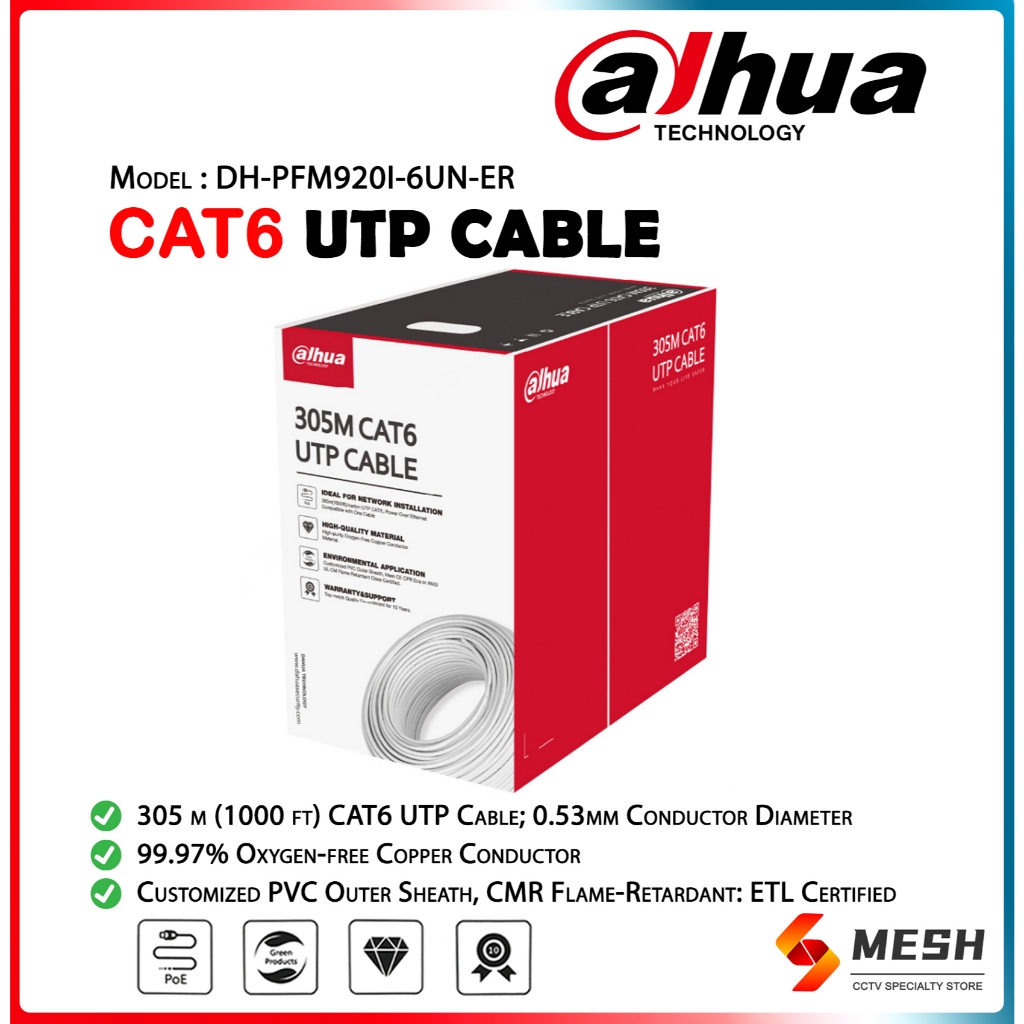 Dahua IP Network UTP Ethernet CAT6 Cable 24AWG White Oxygen Free Cooper 305m 305 Meter PFM920I ...