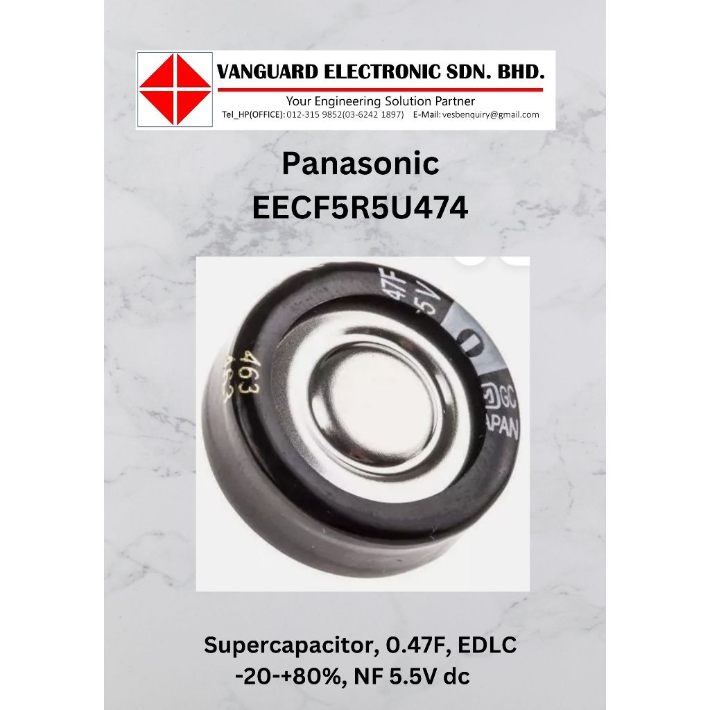 Panasonic EECF5R5U474 Supercapacitor, 0.47F, EDLC -20-+80%, NF 5.5V dc ...