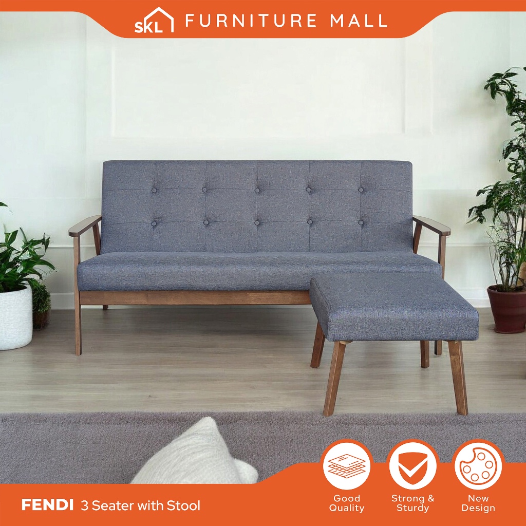 SKL Furniture Solid Wood Sofa 3 Seater + Stool / Sofa Murah Modern/Ikea ...
