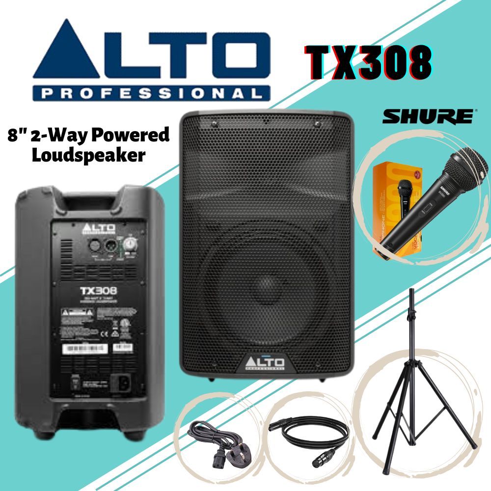 Alto TX308 8" 2-Way Powered Loudspeaker With Mic, Stand and Cable ...