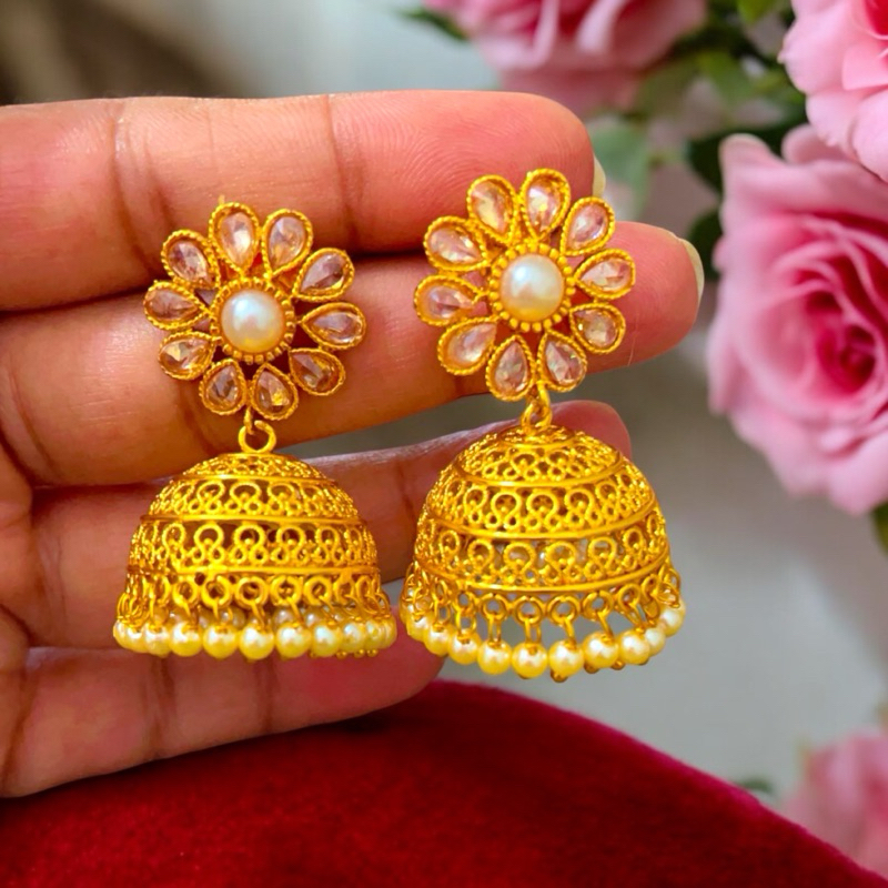 Traditional fancy earring gold jimikki with pearl | Shopee Malaysia