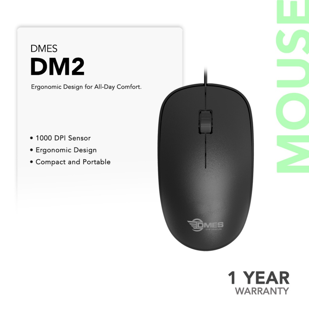 Dmes DM2 Wired Optical Mouse 1000 DPI Full-Size Ambidextrous Design USB ...