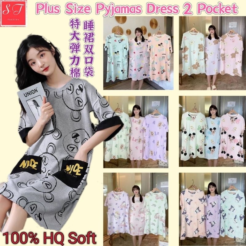 Plus Size Pyjamas Dress Cartoon Double Pocket Soft Cotton Fit All ...