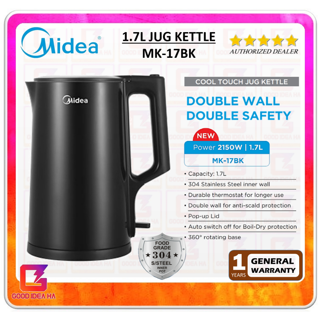 Midea Double Wall Jug Kettle (1.7L) MK-17BK (Black) | Shopee Malaysia