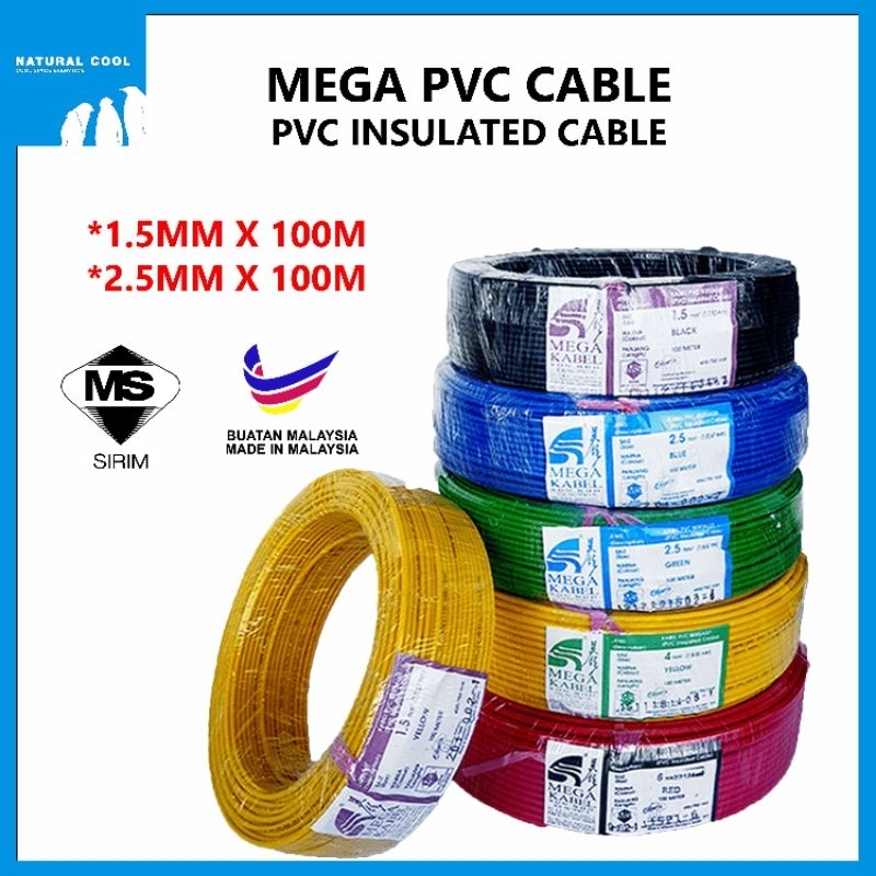 Kabel Mega cable 1.5mm 2.5mm PVC Insulated 100% Pure Copper Cable SIRIM JKR Spec | Shopee Malaysia