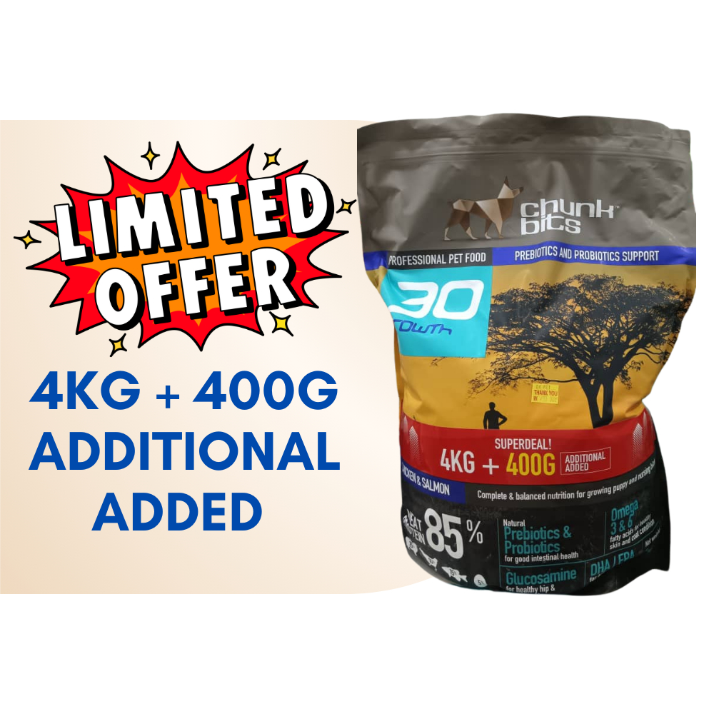 (4KG+400G) Chunk Bits Growth 30 Chicken and Salmon Dog Food 4kg+400g Additional Added | Shopee ...
