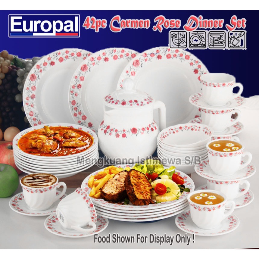 42 PC EUROPAL VINTAGE CARMEN ROSE OPAL DINNER SET /PINGGAN MANGKUK ...