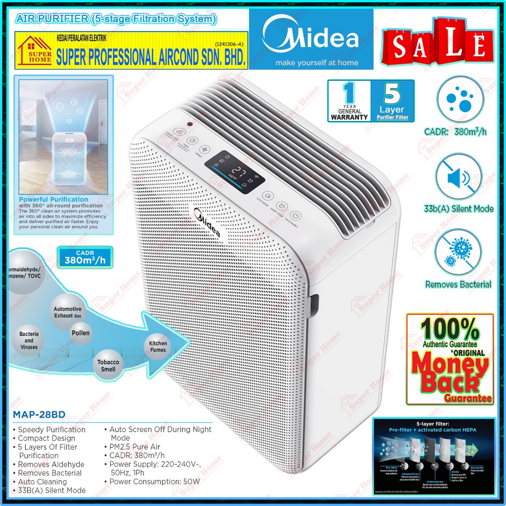 Midea Air Purifier MAP-28BD (5-Layers Of Filter Purification) 41m² | Shopee Malaysia