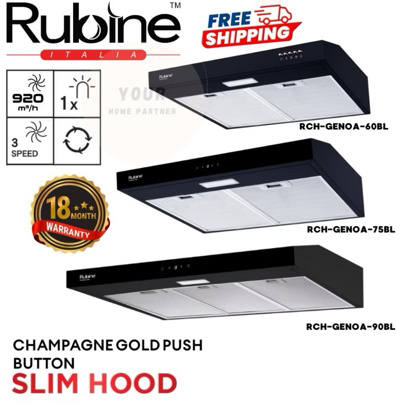 [Free Shipping]Rubine Slim Hood Genoa Series RSH-GENOA-60BL/75BL/90BL 920M3/HR Kitchen Hood ...