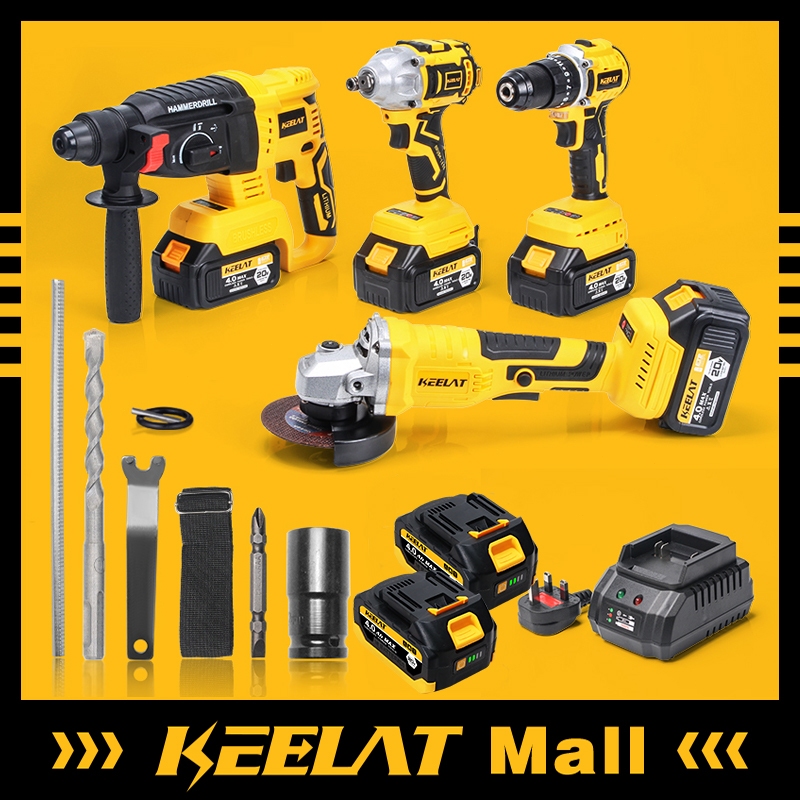 KEELAT Cordless Combo Set Brushless Drill Impact Wrench Angle Grinder ...