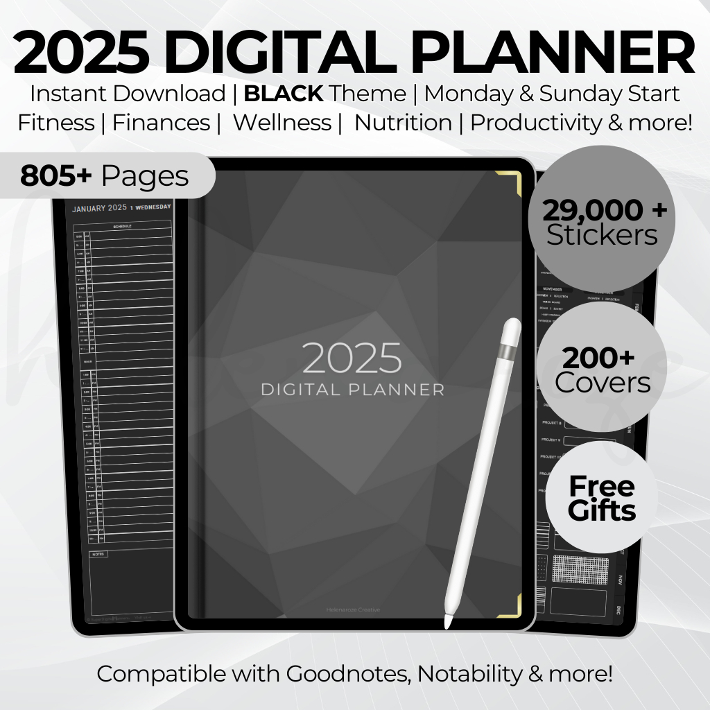 2025 Black Premium Digital Planner Hyperlinked 800+ Pages, 2025 Planner, 2025 Planner PDF ...