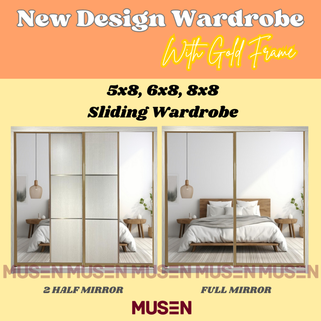 🌟Gold Frame🌟 Almari 5x8ft / 6x8ft / 8x8ft Sliding Door Wardrobe ...