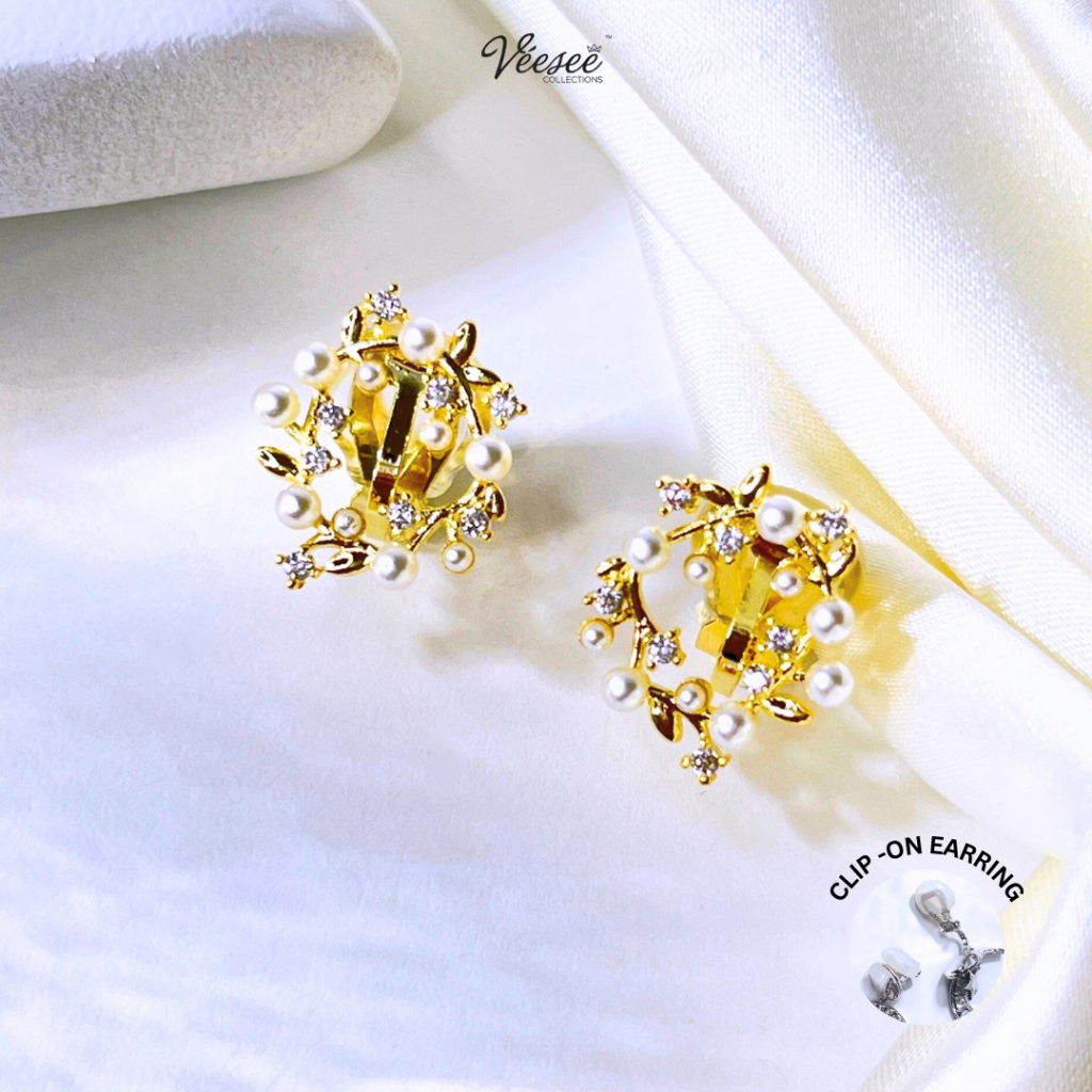 Veesee Clip On Earring S925 Elegant Korean Gold Flower Ring Frame With ...