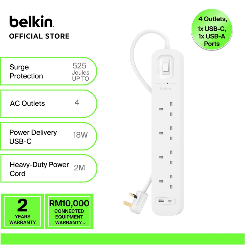 Belkin SRB001AF2M 4 Outlets 2M Surge Protector with USB-C and USB-A ...