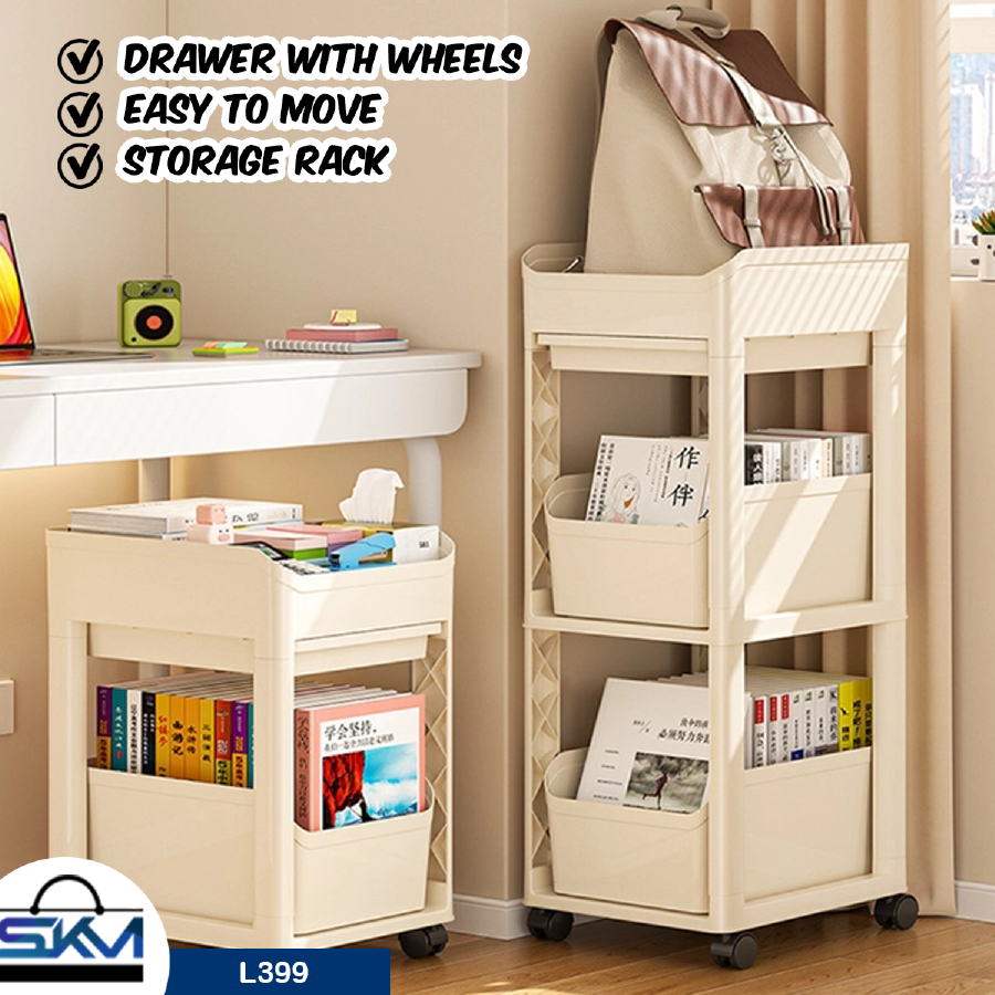 SKM 2/3 Layer Assembly Movable Storage Shelf With Drawer & Wheels Kotak ...