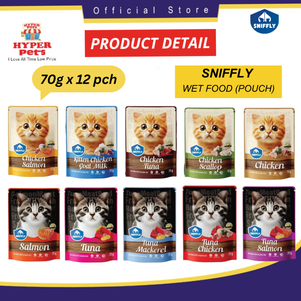 (70g x 12Pch) SNIFFLY KITCHEN CAT WET FOOD POUCH l Chicken/Salmon/Tuna ...