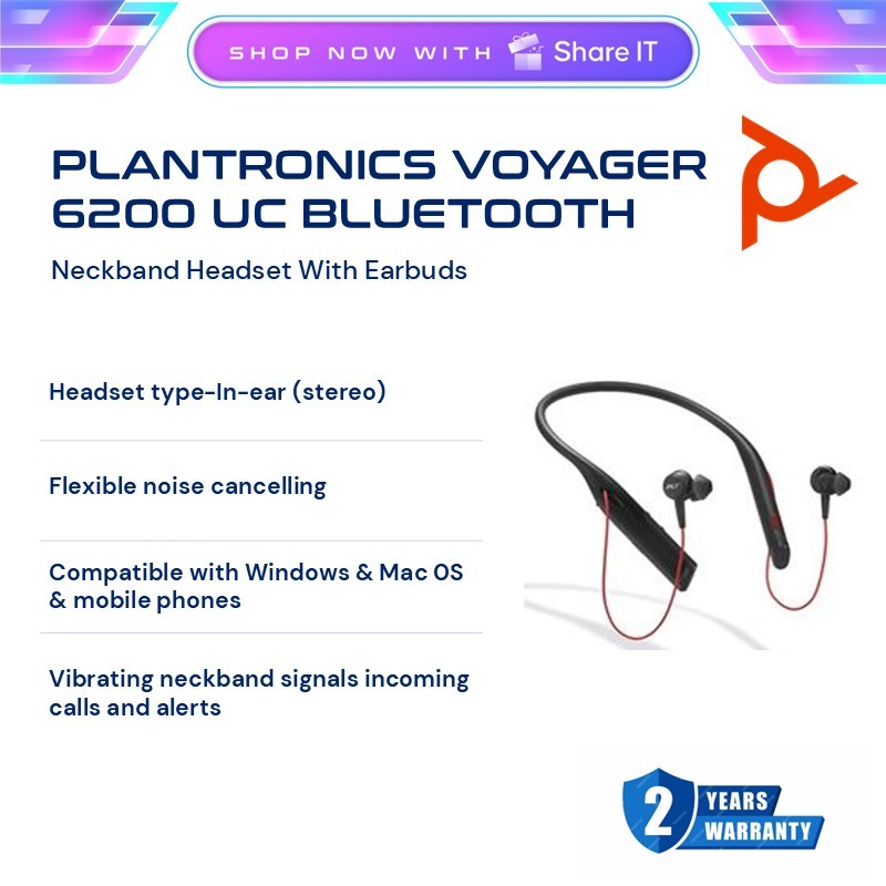 Plantronics Voyager 6200 UC Bluetooth Neckband Headset with Earbuds ...