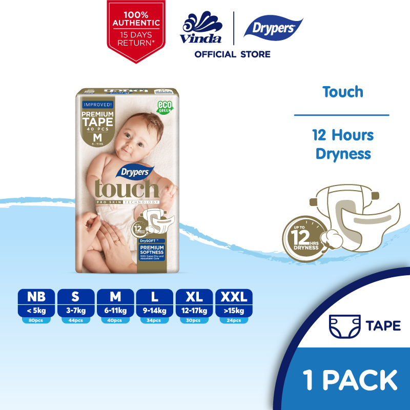 Drypers Touch Baby Diapers S44/ M40/ L34/ XL30/ XXL 24 (1 Pack ...