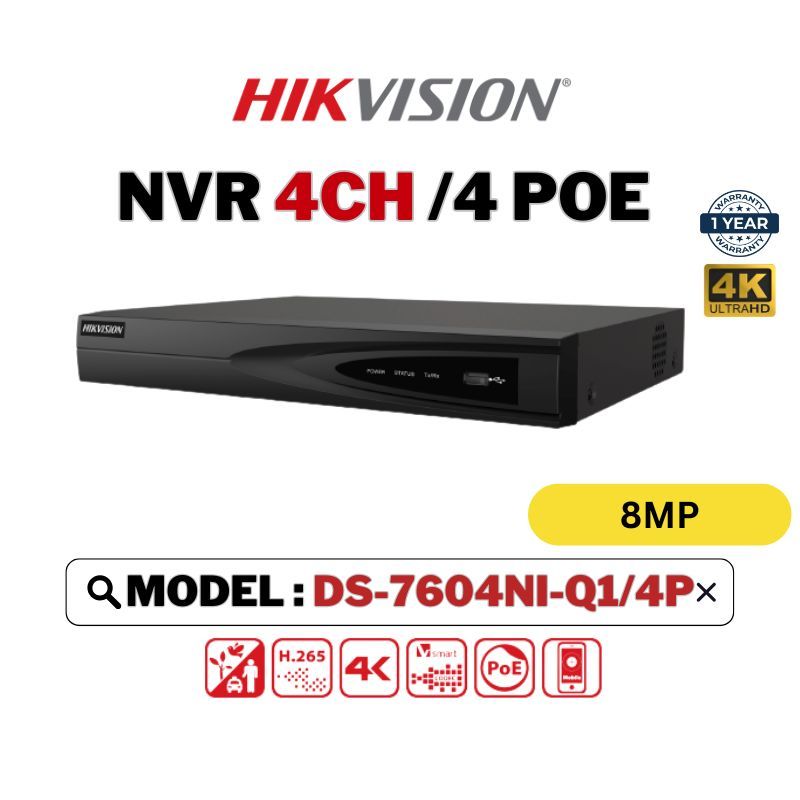 HIKVISION CCTV (World No. 1) NVR 4CH 8MP 4K Plug And Play Network Video Recorder DS-7604NI-Q1/4P ...