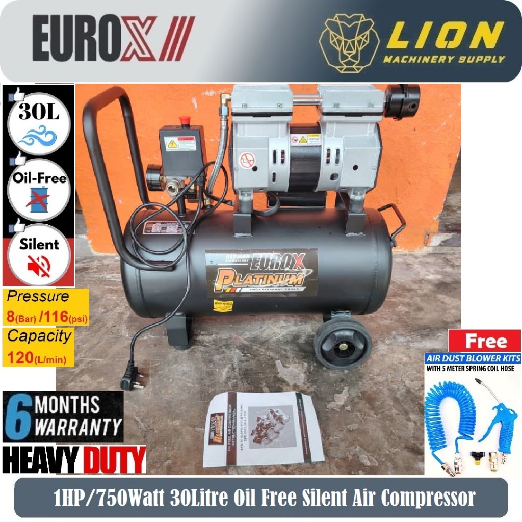 EuroX 1HP/750W 30Liter Silent Oil-Free Air Compressor EPS5030 - Free Air Duster & Hose - 6 ...